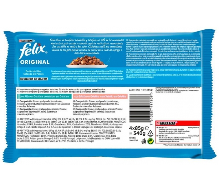 COMIDA GATO ATÚN Y SALMÓN FELIX ORIGINAL PACK 4X85 GR.