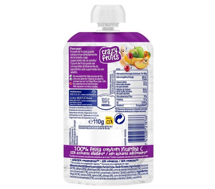 COMPOTA POUCHE CRAZY FRUITS TUTTI FRUTTI NESTLE 110 GR.